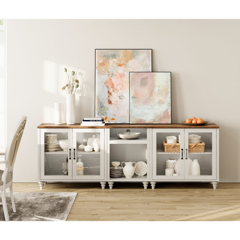 Charlton Home® Scarlett Sideboard Cabinet With 4 Glass Doors, Vintage Wood Grain Design, Buffet ...